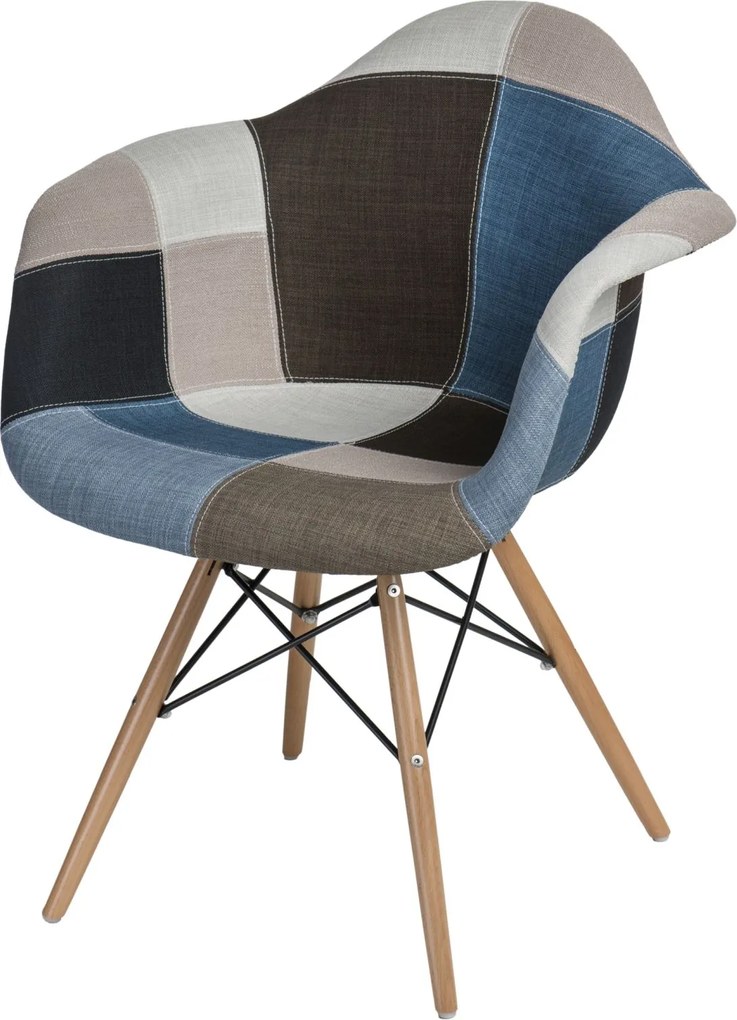 Židle P018V patchwork modrá-šedá základ dřevěná