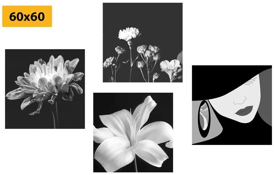 Set obrazů elegance ženy a květin v černobílém provedení - 4x 40x40 cm