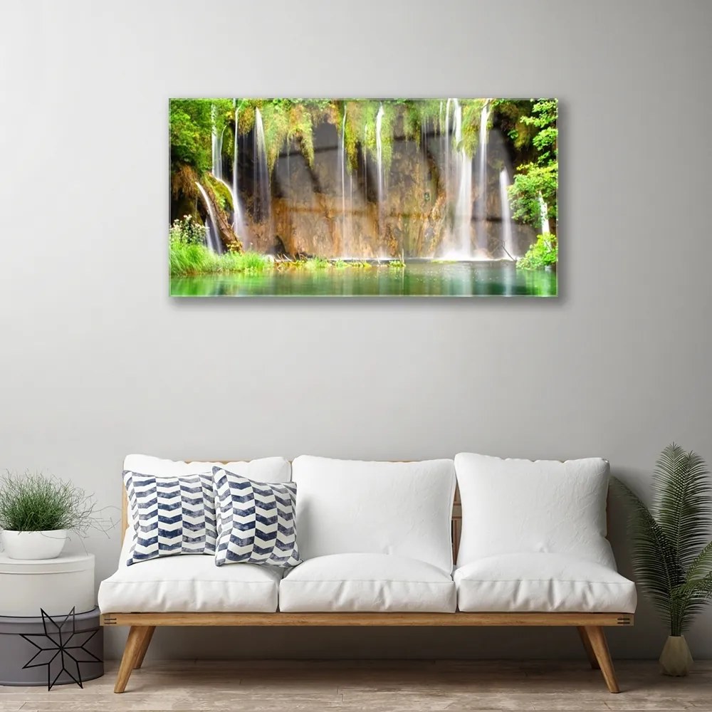 Obraz na skle Vodopád Jezero Příroda 140x70 cm