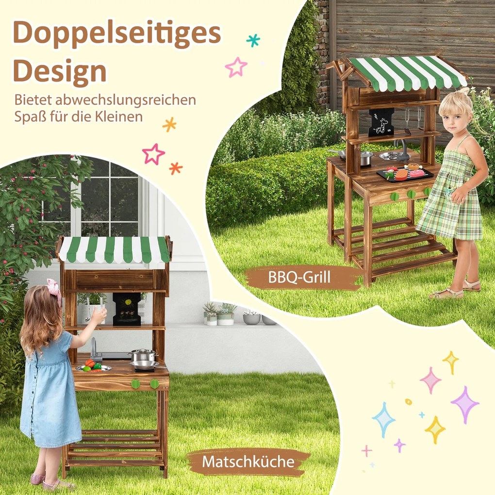 Costway Dětská hliněná kuchyňka se střechou a tabulí a dřezem a kohoutkem.