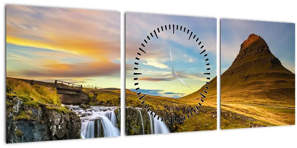 Obraz hory a vodopádů na Islandu (s hodinami) (90x30 cm)