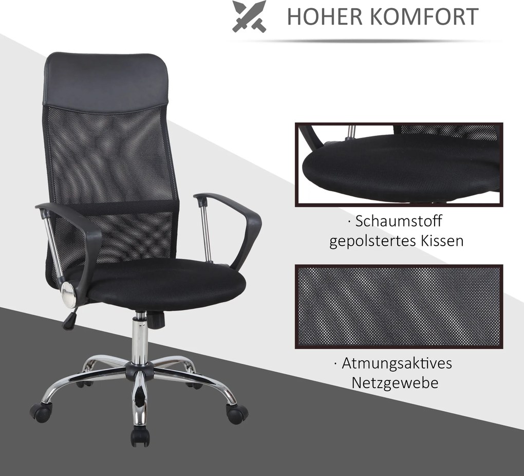 Kancelářská židle HOMCOM se síťovinou, výškově nastavitelná kancelářská židle, ergonomická herní židle, otočná židle s houpací funkcí, černá | Aosom.…