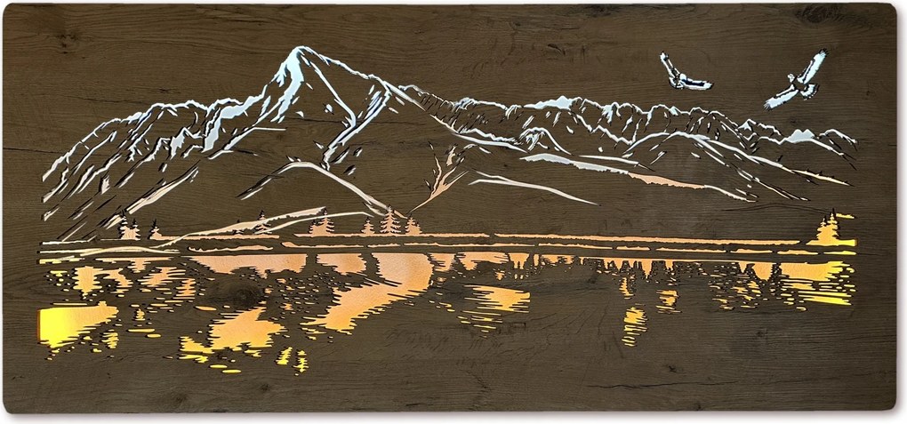 Li-Go "Hory s ptáky a jezerem" světelný obraz 230V 130x60 cm provedení povrchu: dub světlý