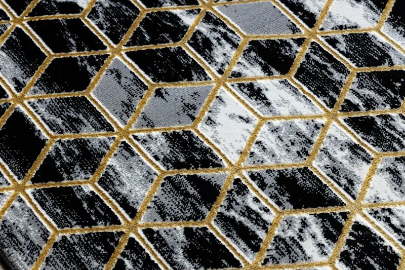 Dywany Łuszczów, Běhoun Gloss 409A 82 3D cubes black/gold/grey, 70x200, černá, obývací pokoj