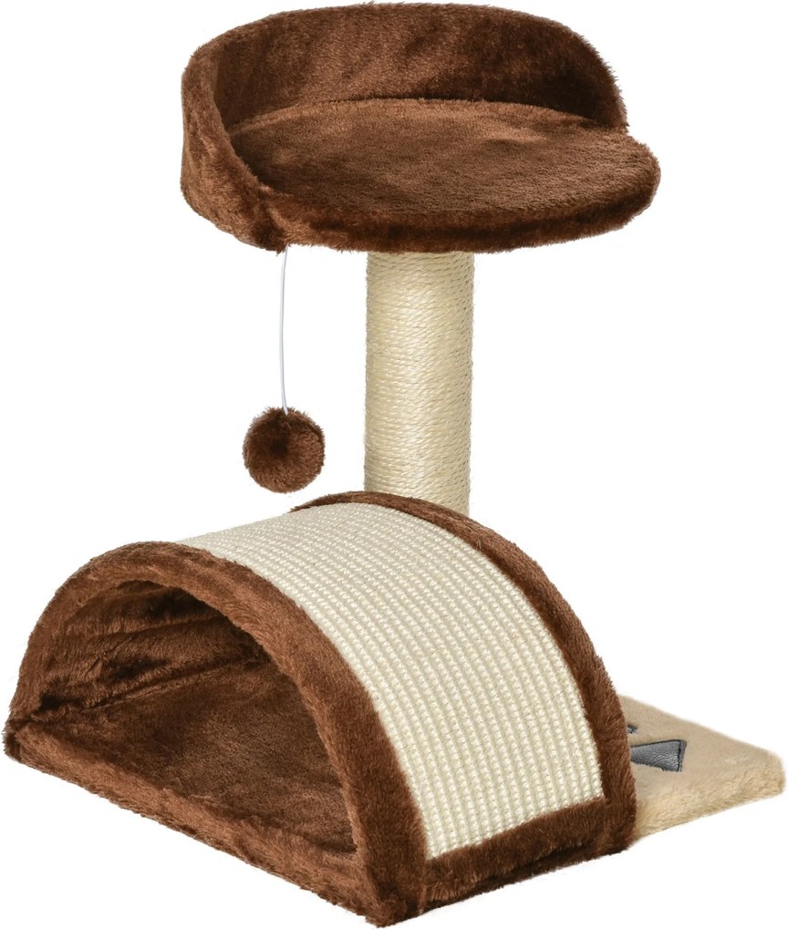 PawHut Malý Kočičí Škrabací Strom 46 cm Výška 2 Úrovně s Škrabacím Sloupkem, Škrabacím Plošinou a Hracím Míčkem 35.5x37x46 cm Hnědý