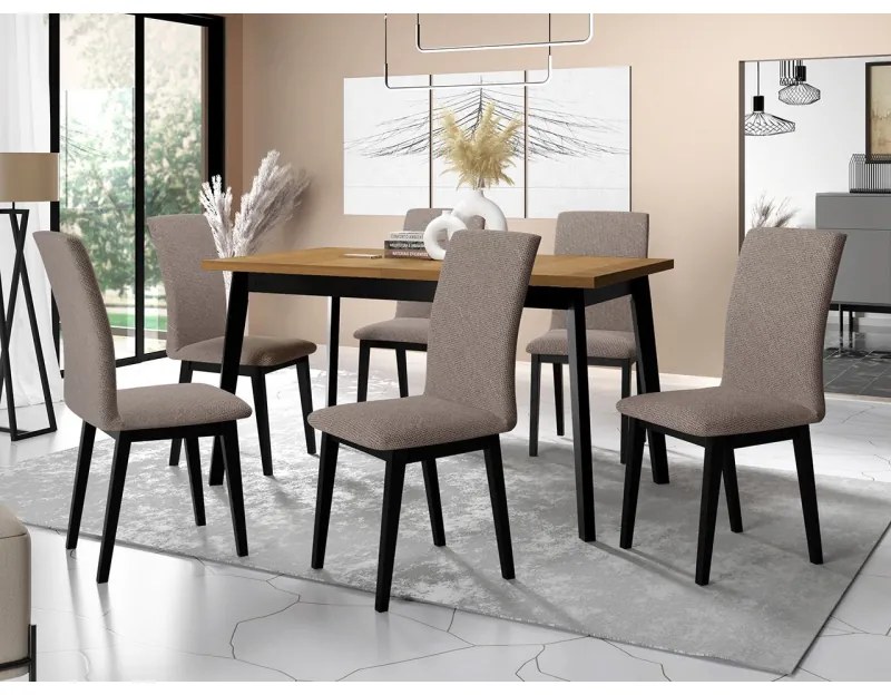 Jídelní stůl se 6 židlemi AL23, Barva dřeva: dub grandson - L, Potah: Hygge D20, Barvy nožiček: Bíla