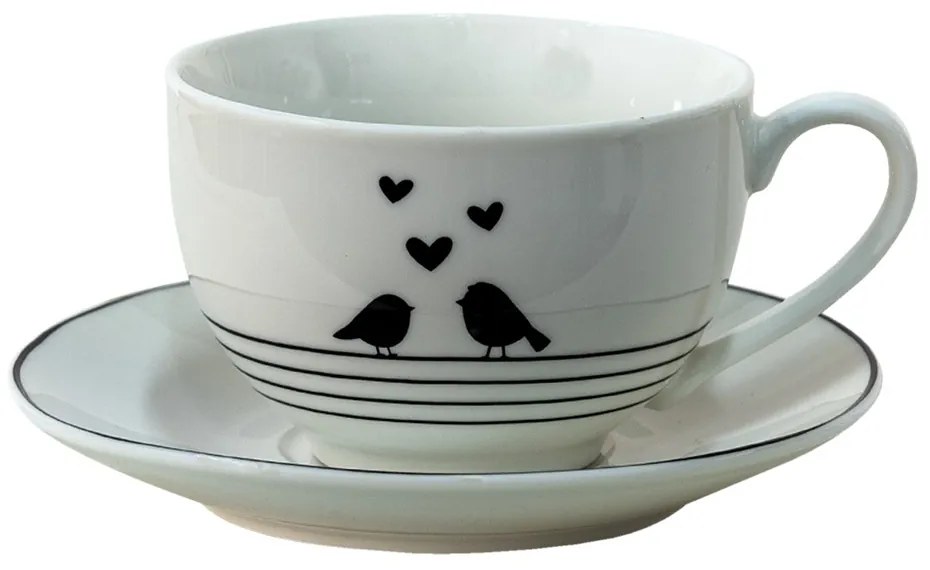 Porcelánový šálek s podšálkem s ptáčky Love Birds - 12*9*7 / Ø14*2 cm / 220 ml