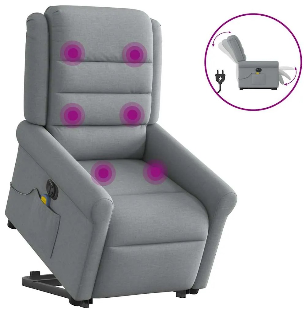 Elektrické zvedací masážní polohovací křeslo světle šedé textil 3303344