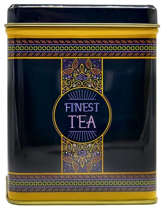 Plechová dóza Finest Tea, 100 g – fialová se zlatými ornamenty, lesklý povrch, s víčkem na panty, na čaj, kávu a bylinky
