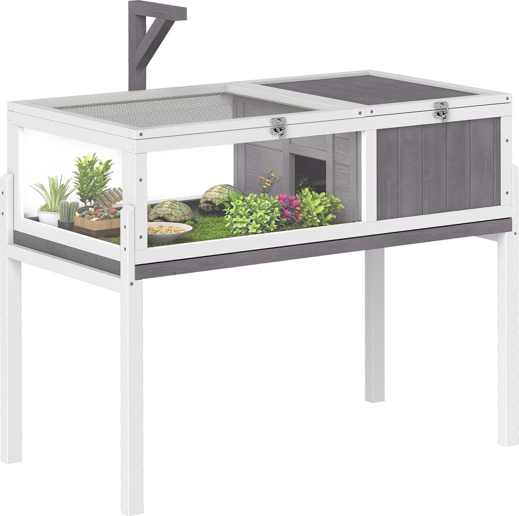 PawHut zvýšený dřevěný domek pro želvy – 2 zóny, držák na lampu, vysouvací zásuvka, šedý – 104 × 53 × 82 cm
