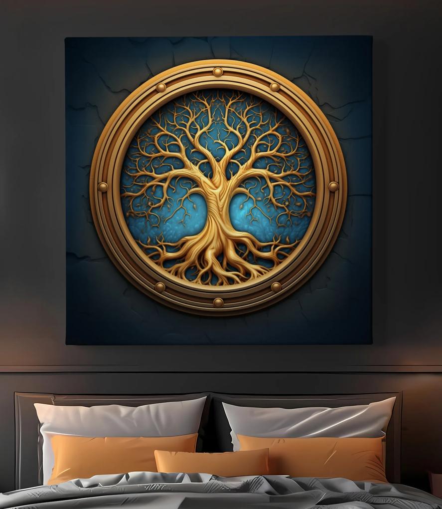 Obraz na plátně - Zlatý strom života se zářící modrou aurou FeelHappy.cz Velikost obrazu: 140 x 140 cm