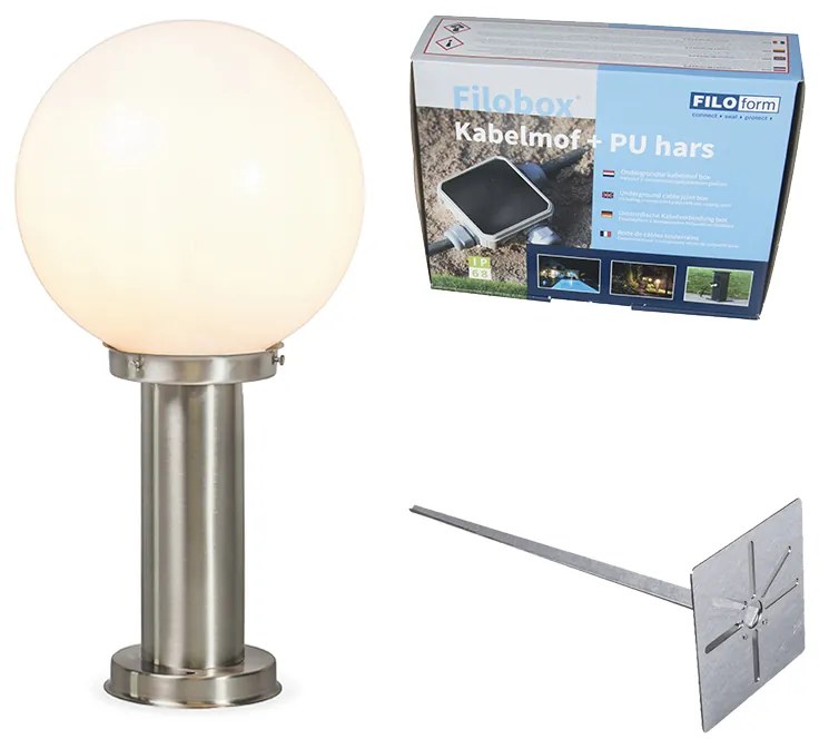 Venkovní lampa z nerezové oceli 50 cm - Sfera se zemním hrotem a kabelovým pouzdrem