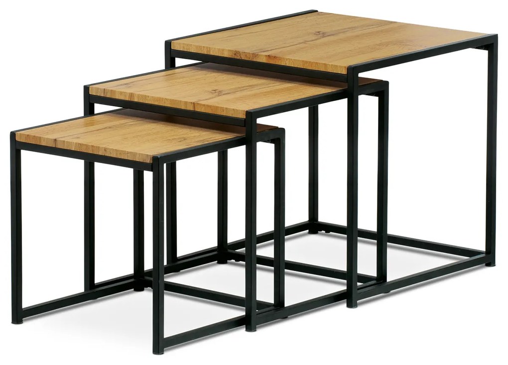 Set 3 ks odkládacích stolků AF-3003 OAK MDF dekor divoký dub, kov černý lak mat