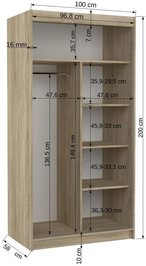 Šatní skříň s posuvnými dveřmi Iness - 100 cm Barva: Bílá/Černá