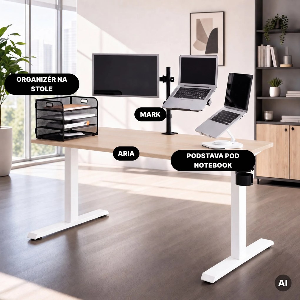 Elektrický stůl s nastavitelnou výškou ergonomický bílý/dub sonoma,1400x700 mm: ARIA