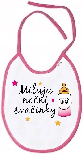 Baby Nellys Nepromokavý bryndáček Miluju noční svačinky, 24 x 27 cm-bílý s růžovým lemem