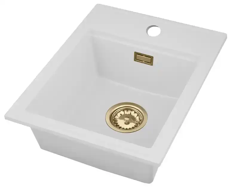 Sink Quality Ferrum New 4050, 1-komorový granitový dřez 400x500x185 mm +  zlatý sifon, bílá, SKQ-FER.4050.WH.XG | BIANO