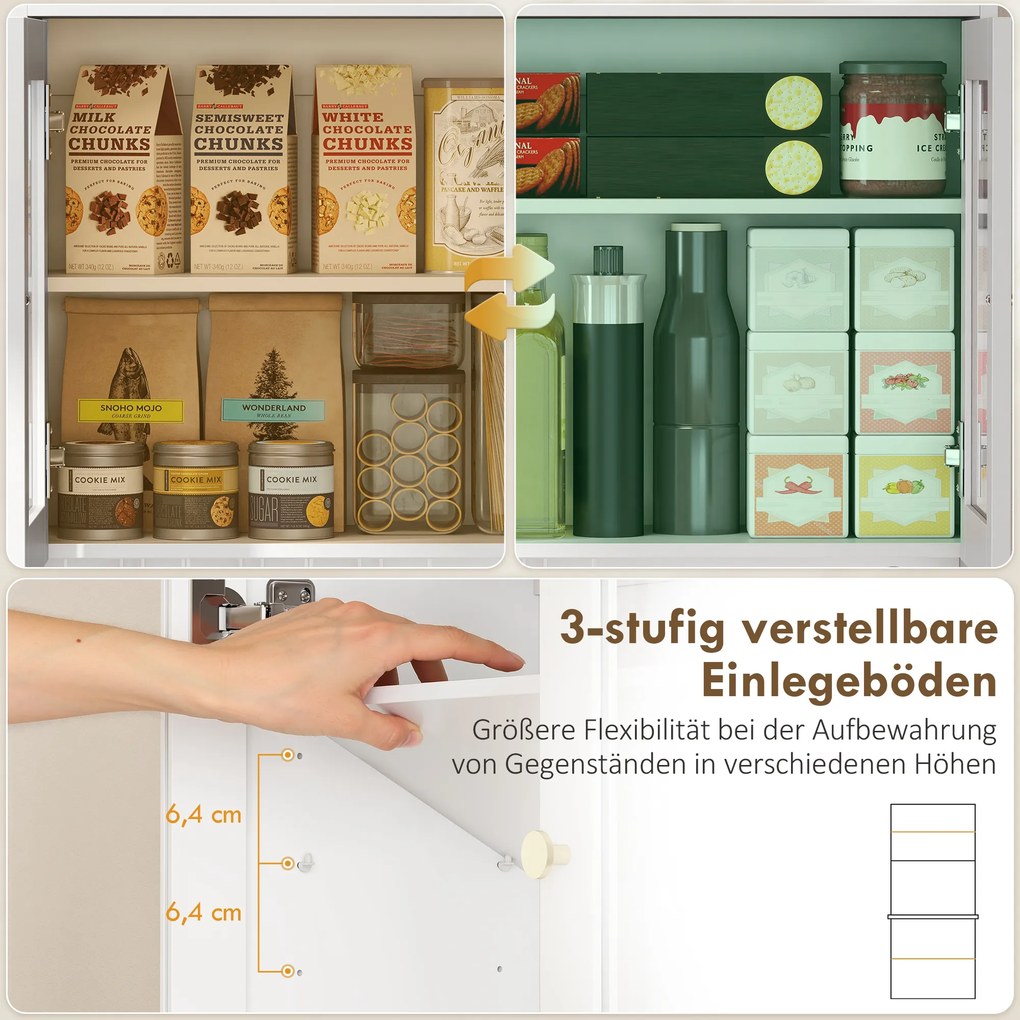 HOMCOM Kuchyňská skříň s pracovní deskou, držákem na vinné sklenice, skladovací skříň do kuchyně a jídelny, 170 cm, MDF, sklo, bílá