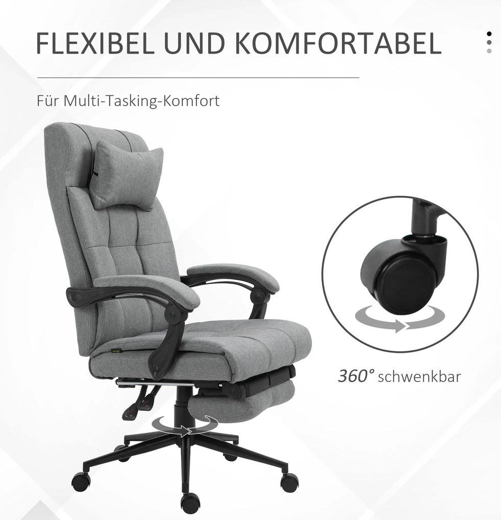 Kancelářská židle Vinsetto s polštářem pod hlavu a područkami, výškově nastavitelná otočná židle s podnožkou, lněná, ergonomická, 66 x 70 x 116-124 c…