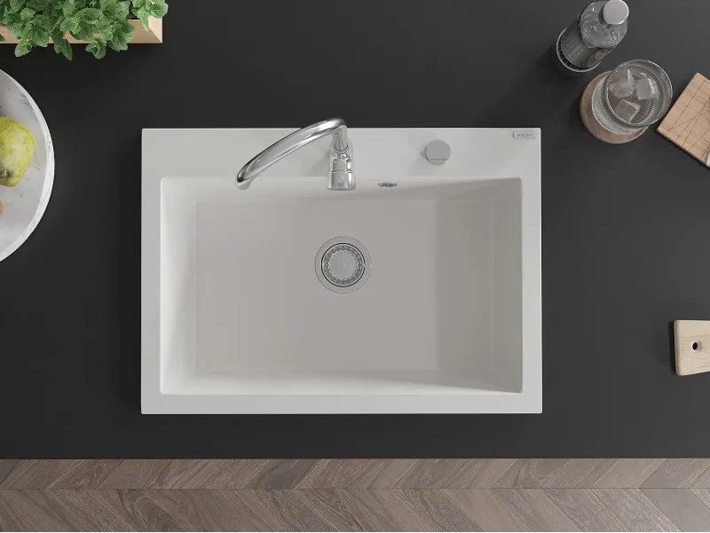 Mexen Elix granitový dřez 1-komorový 700 x 500 mm, bílý, sifon chrom - 6526701005-20