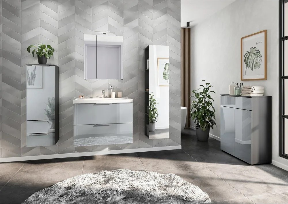 Šedá lesklá závěsná skříňka s umyvadlem 81x65 cm Vasio – Germania