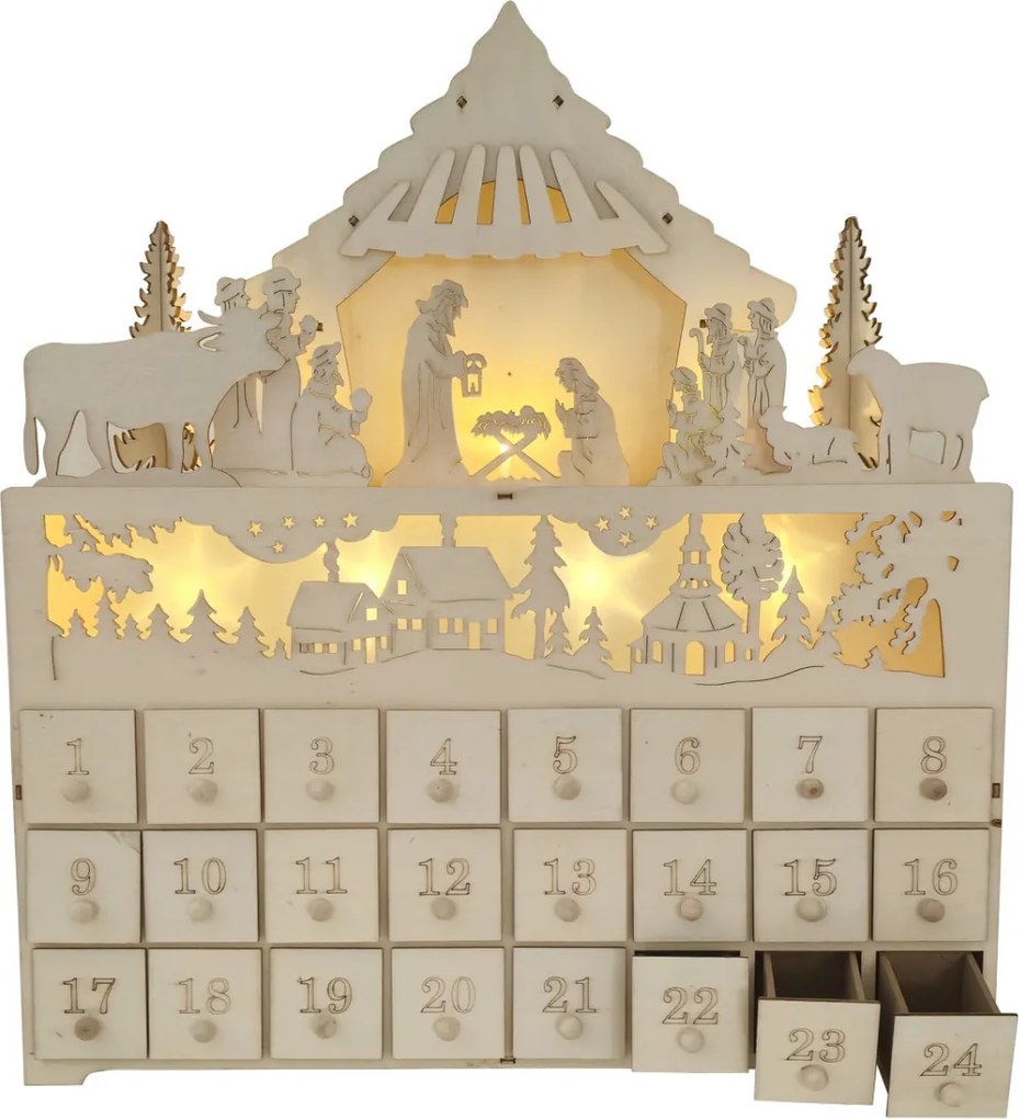 LED adventní kalendář betlém a vesnice, dřevěný, 43 × 47 × 8 cm, na 2× AA