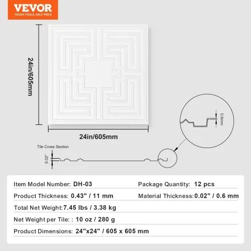 Stropní dlaždice 12-balení 24 × 24 V PVC Snadná instalace Bílý echo vzor