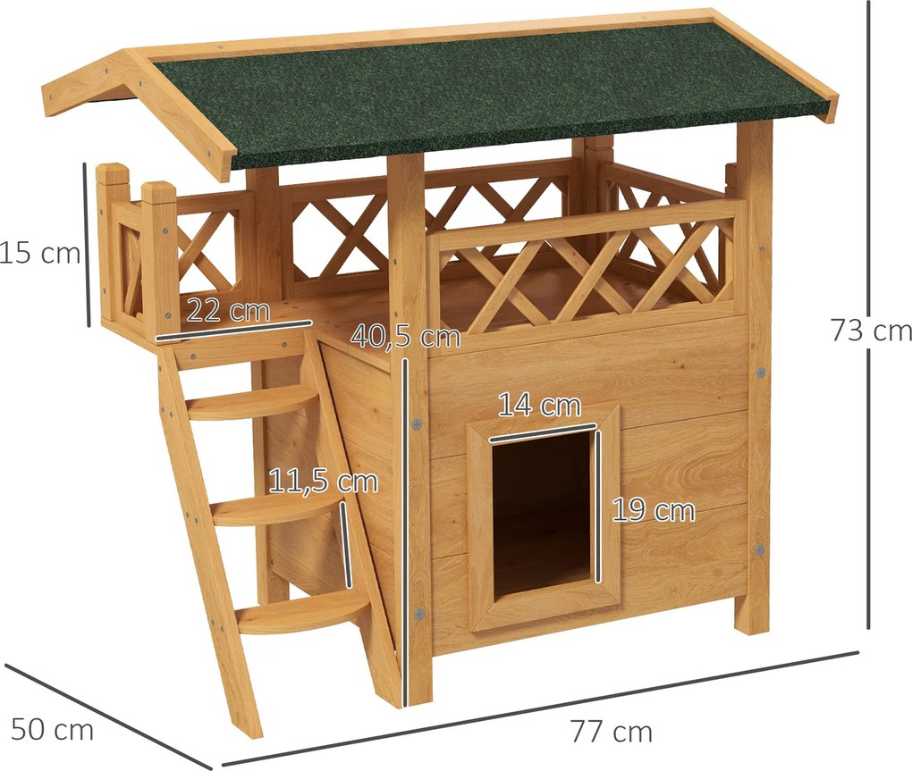 PawHut dvoupatrový domek pro kočky s asfaltovou střechou a balkonem, vila pro kočky z masivního dřeva se schody, přírodní, 77x50x73cm| Aosom