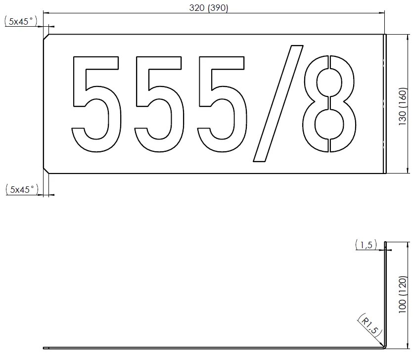 Domovní číslo tabulka 7b Velikost: 20 x 50 x 15(ohyb) cm  (XXL), Ohyb: Na pravé straně od čísla