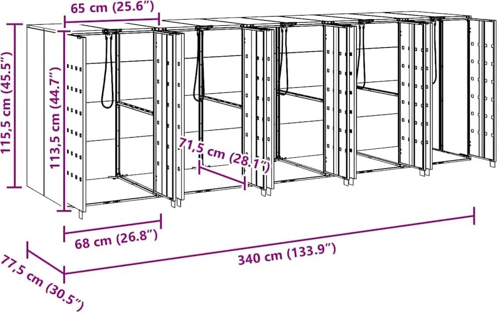 vidaXL Úložný box na 3 popelnice Stříbrná 340 x 77,5 x 115,5 cm [3394791]