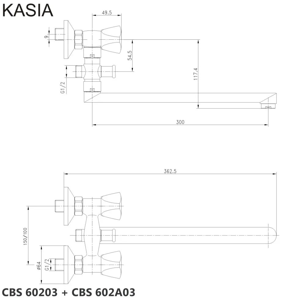 Mereo Kasia nástěnná baterie do byt. jádra 150 mm s ramínkem 300 mm bez příslušenství mosaz chrom CBS60203