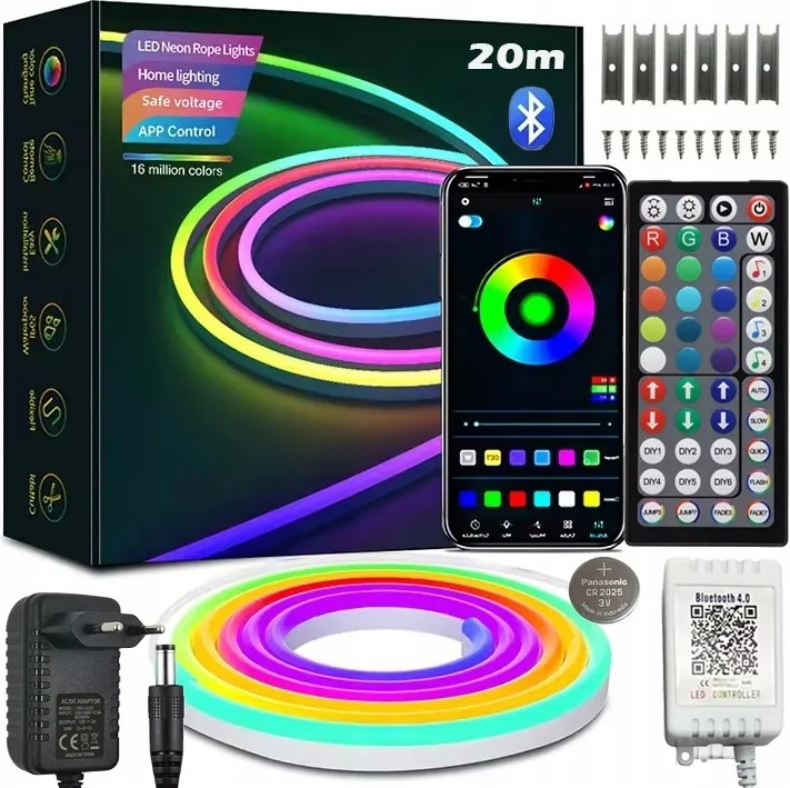 Led Páska Neon 20M (2x10) Aplikace Bluetooth Rgb Dálkový Ovladač IP67 24V Voděodolná