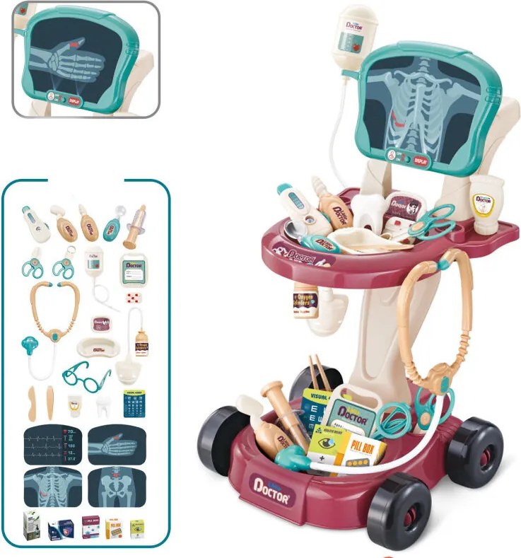 LEAN Toys Lékařská souprava na vozíku – lékařský stolek pro malého lékaře, nástroje na EKG
