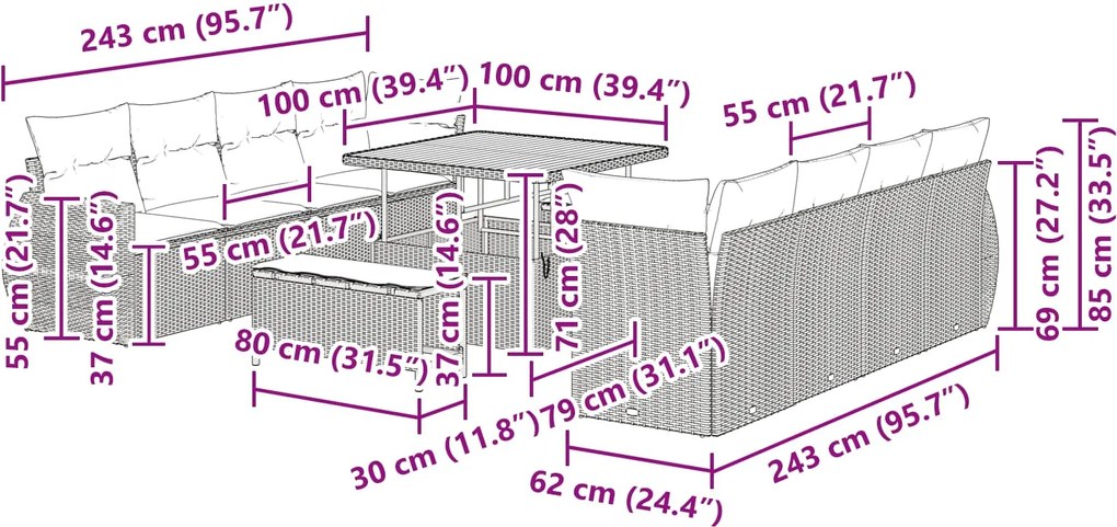 Sada zahradních pohovek 11 ks Černá polyratan 3363804