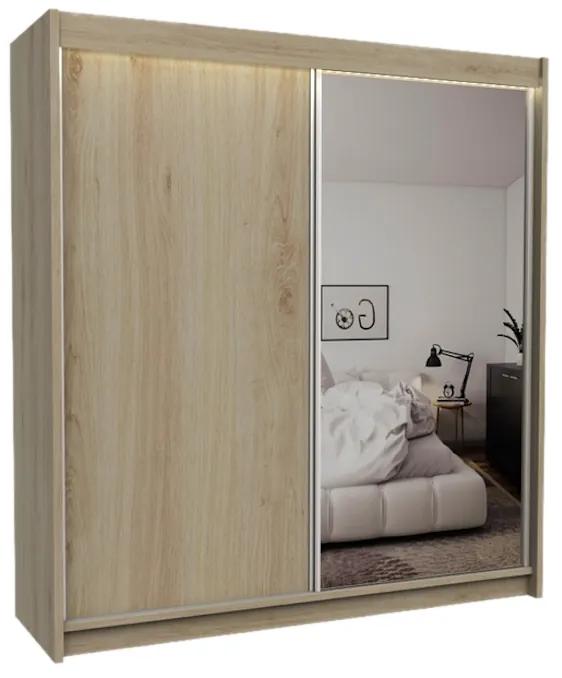 Skříň s posuvnými dveřmi a zrcadlem PATTI + Tichý dojezd, sonoma,200x216x61