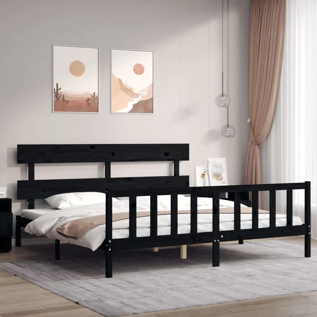 Rám postele s čelem černý 200 x 200 cm masivní dřevo 3193295