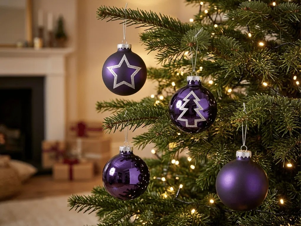 Sada 12 ks vánočních ozdob PURPLE JOY skleněné 7,5 cm, fialové