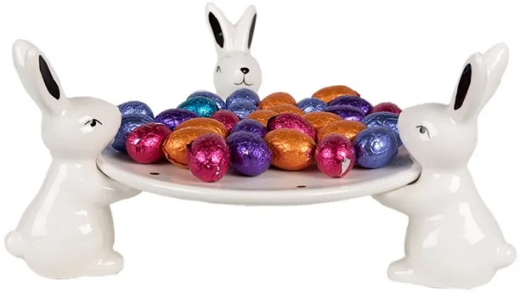 Černo-bílý keramický podnos s podstavcem ve tvaru tří králíčků Rabbit Party – 24x23x12 cm