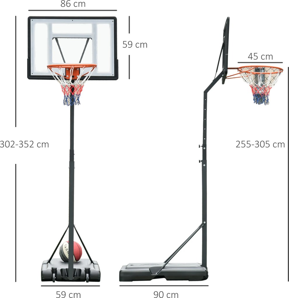 HOMCOM Mobilní basketbalový stojan Basketbalový koš výškově nastavitelný z oceli a plastu černý 90 x 165 x 302-352 cm pro zahradu a sportoviště | Aos…