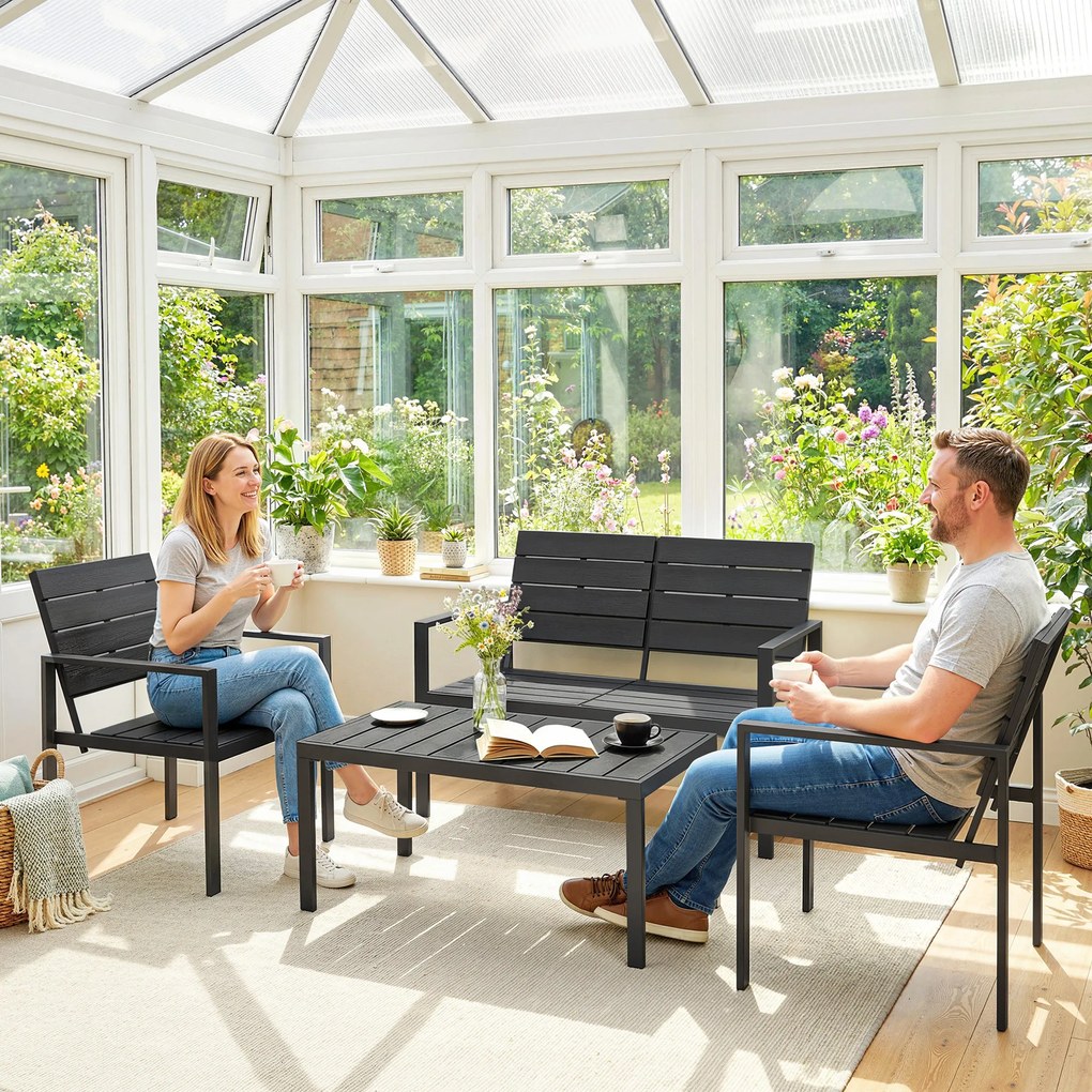 Outsunny Sada zahradního nábytku sedací souprava pro 4 osoby zahradní obývací pokoj s 2místnou pohovkou 2 křesla boční stolek lamelový design černý