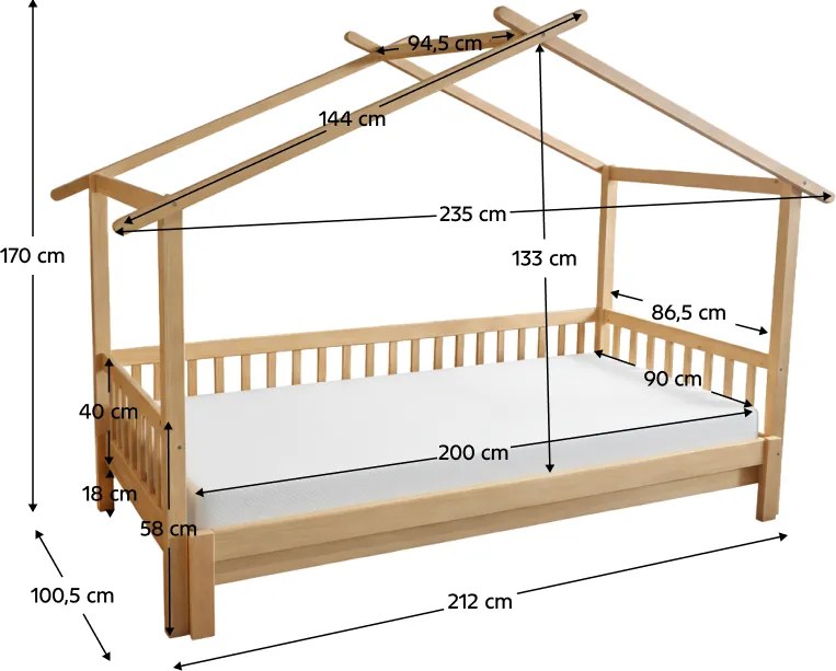 Montessori postel s přistýlkou, přírodní, 90x200, KESIO