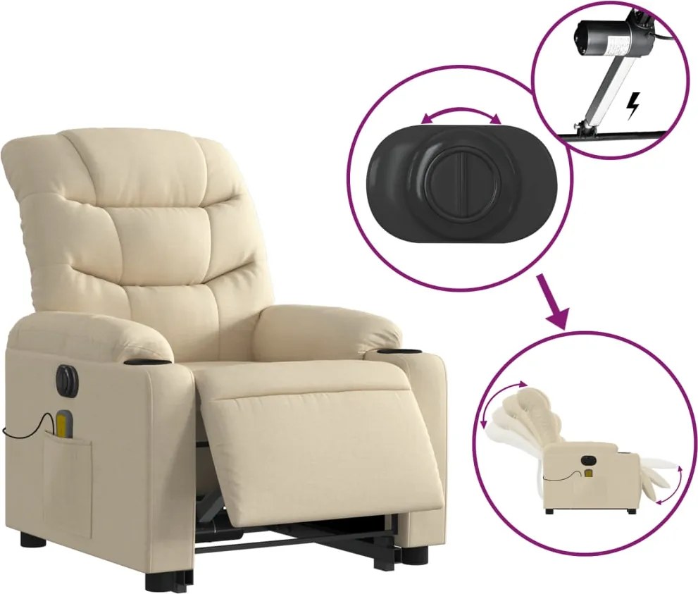 Elektrické zvedací masážní polohovací křeslo krémové textil 3206680