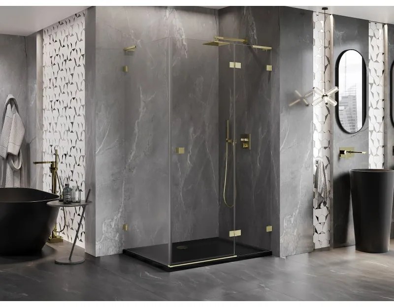Mexen Lunar, L pravý výklopný sprchový kout 75 x 70 cm, 8mm čiré sklo, zlatý kartáčovaný - 834L-075-070-55-00-P