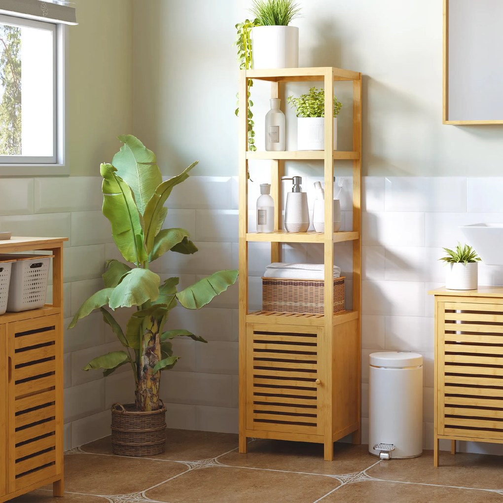 HOMCOM Koupelnová skříňka se 3 otevřenými přihrádkami z bambusu, toaletní skříňka přírodní 36x33x140cm pro optimální skladování