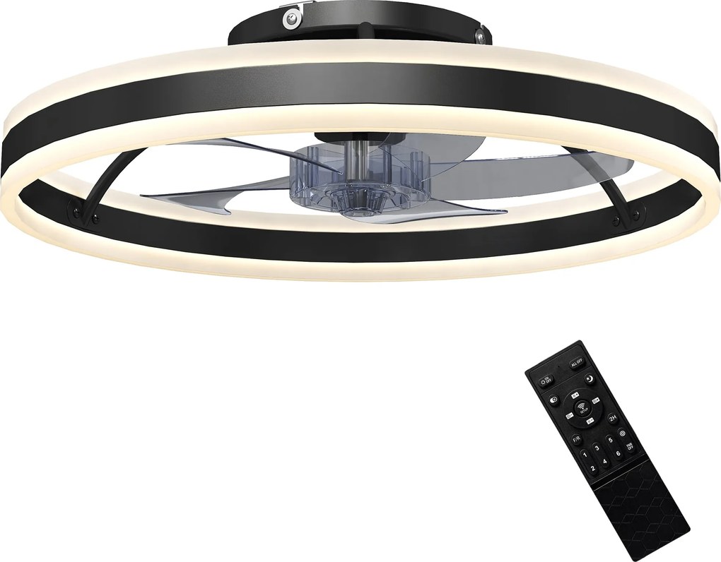 HOMCOM 45W LED stropní ventilátor se světlem, reverzní DC motor, tichý, dálkové ovládání, 6 rychlostí, 3 barevné teploty, časovač, Ø50 cm, černý | Aos