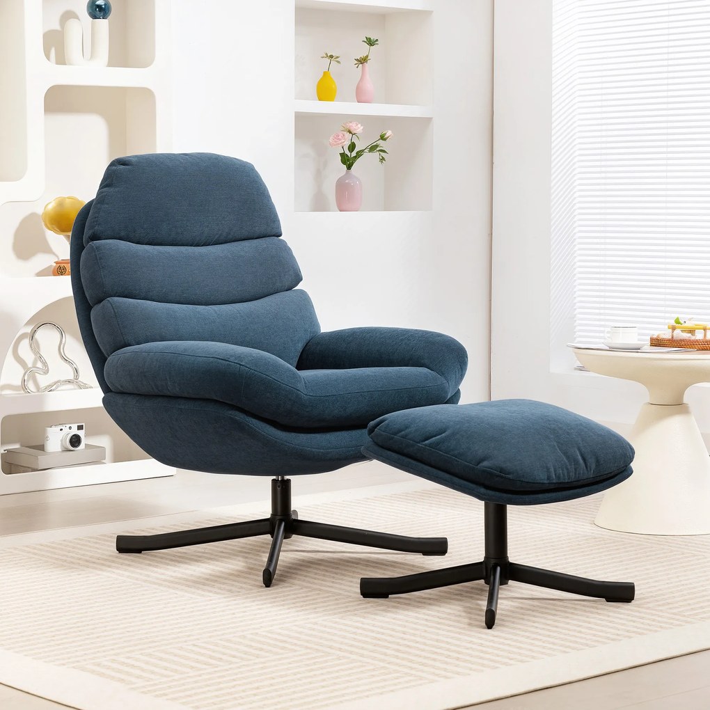 HOMCOM Relaxační křeslo s podnožkou, křeslo, lounge křeslo s čalouněním z chenille, moderní televizní křeslo, 78 x 93 x 100 cm, modrá