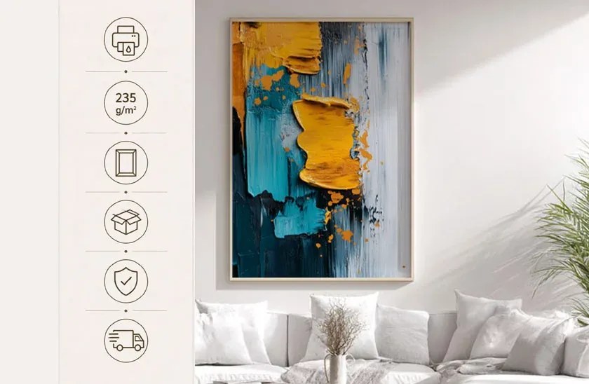 Zlatý kontrast - obraz - Moderní abstrakce s tyrkysovou energií 35 - 40 x 50 cm - 499 Kč
