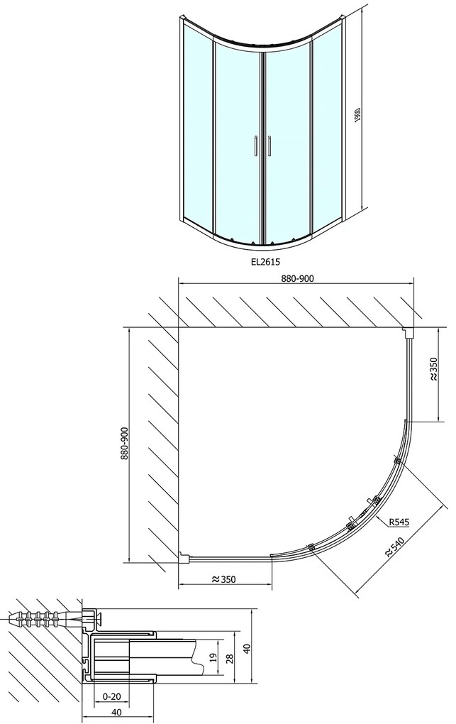 Polysan EASY LINE čtvrtkruhová sprchová zástěna 900x900mm, L/R, čiré sklo EL2615