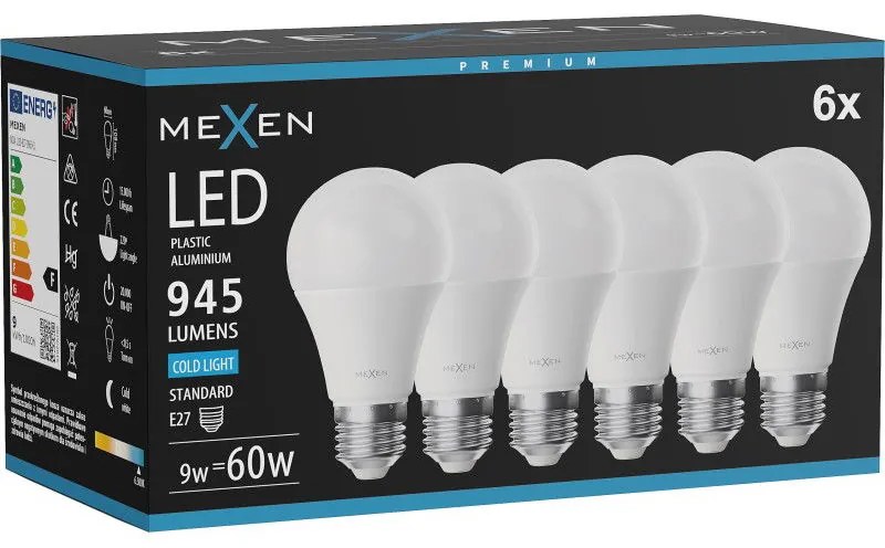 Mexen Nova 6x LED žárovka E27, A60, 9W, Studená - 6500K, 945 lm - L100-E27-0965-01x06