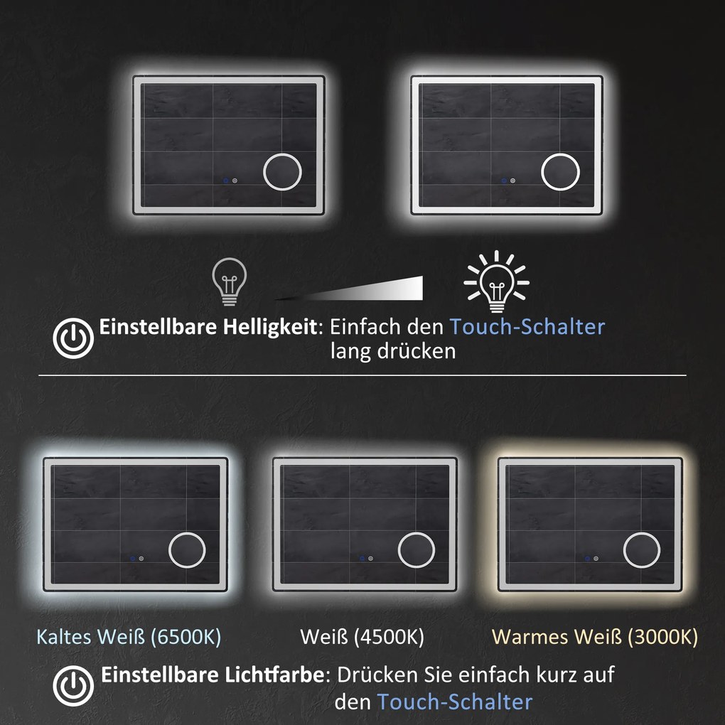 kleankin LED koupelnové zrcadlo s 3x zvětšením a dotykovou funkcí, 80x60 cm, 3 barvy světla, bez mlhy